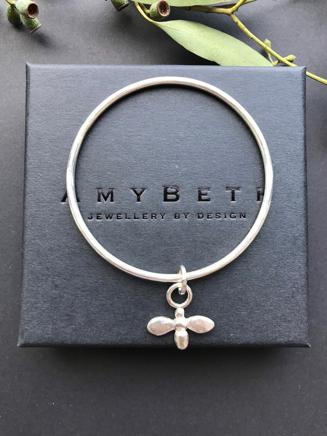 Silver bee bangle, thick sterling silver charm bangle, handmade silver ...