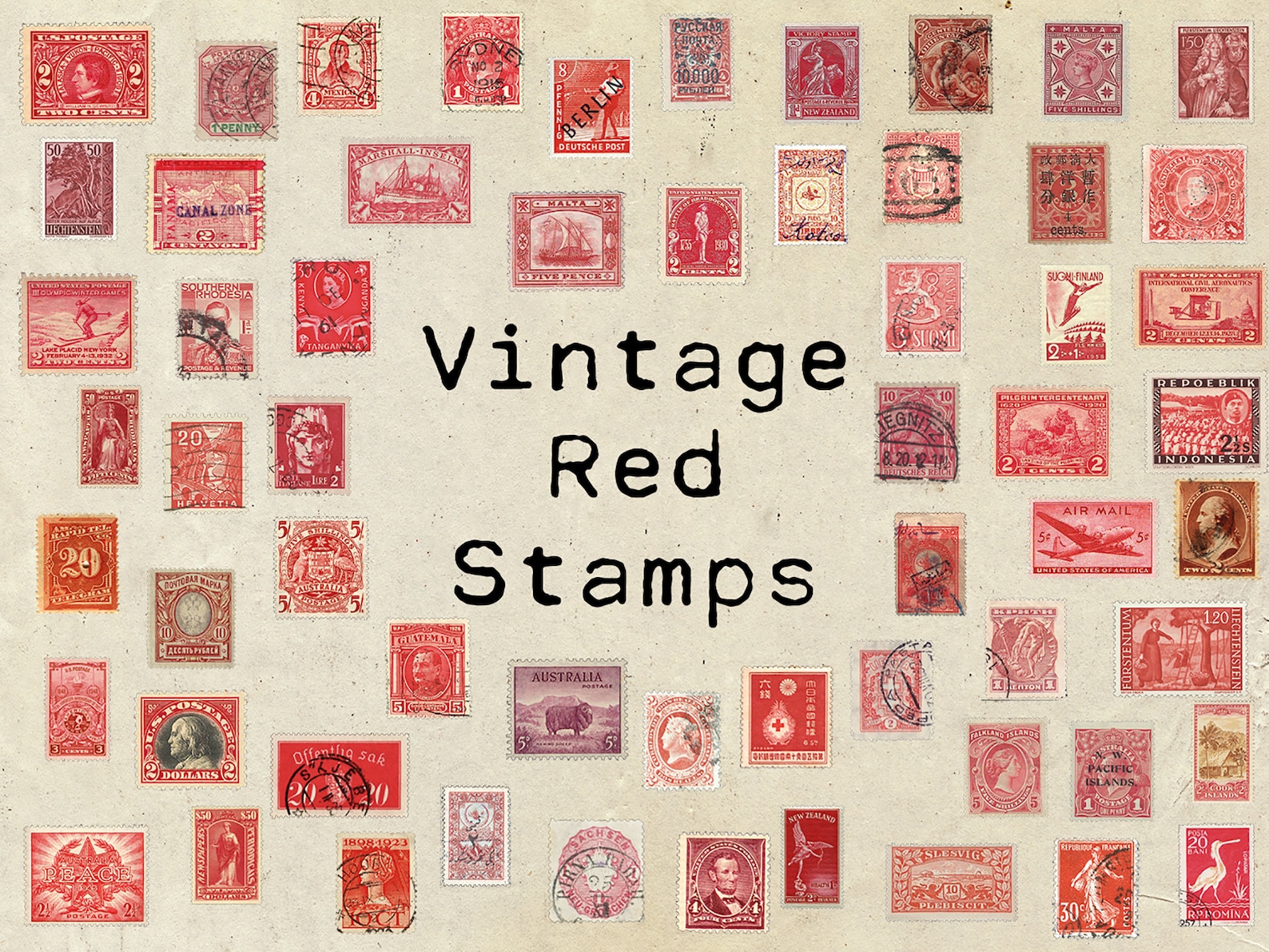 Digital Postage Stamps Vintage Red - Etsy