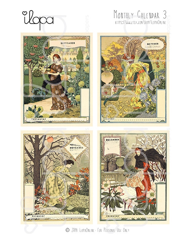 Digital Vintage Monthly Calendar Illustrations Collage Sheet | Etsy