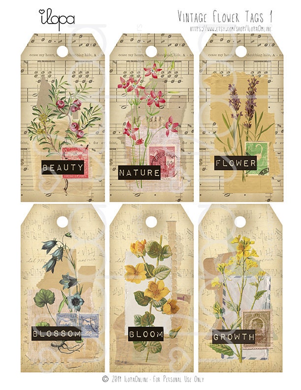 Digital Vintage Flower Tags, Vintage Ephemera, Printable Tags, Gift ...