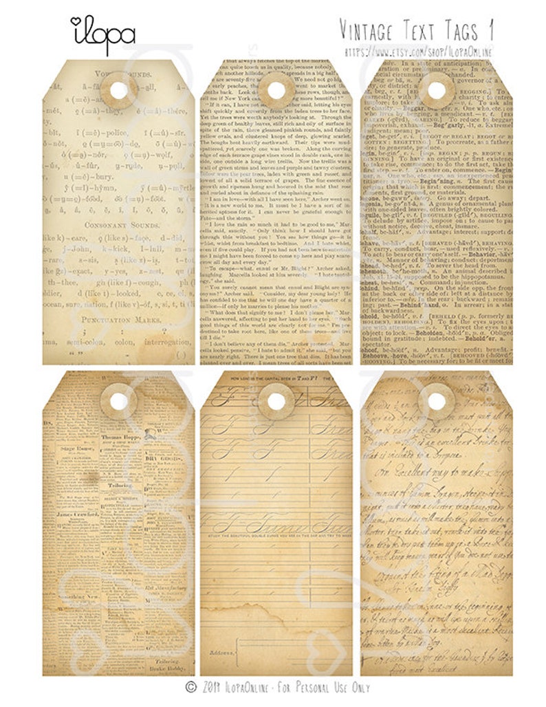 Digital Vintage Text Tags Printable Tags With Typed Text - Etsy
