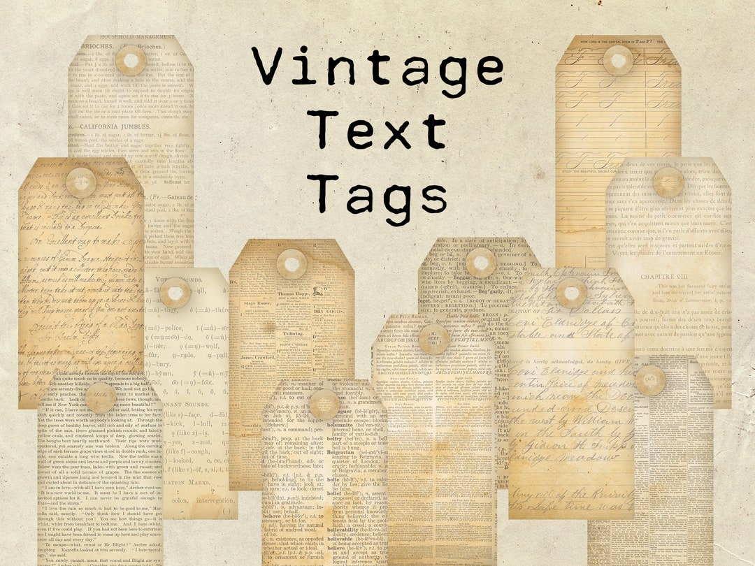 Digital Vintage Text Tags - Printable Tags With Typed Text Backgrounds ...