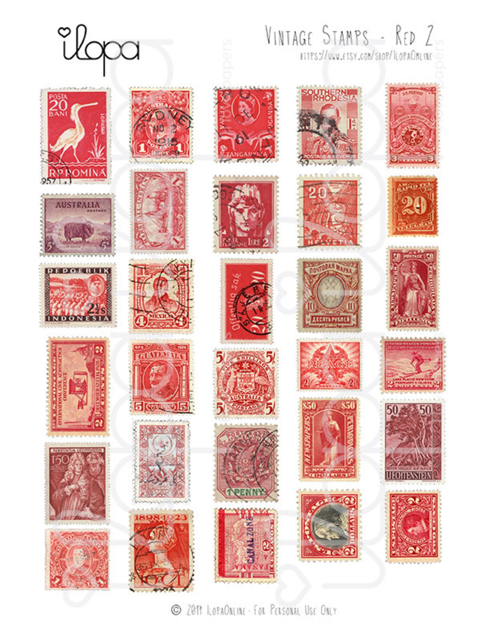 Digital Postage Stamps Vintage Red - Etsy