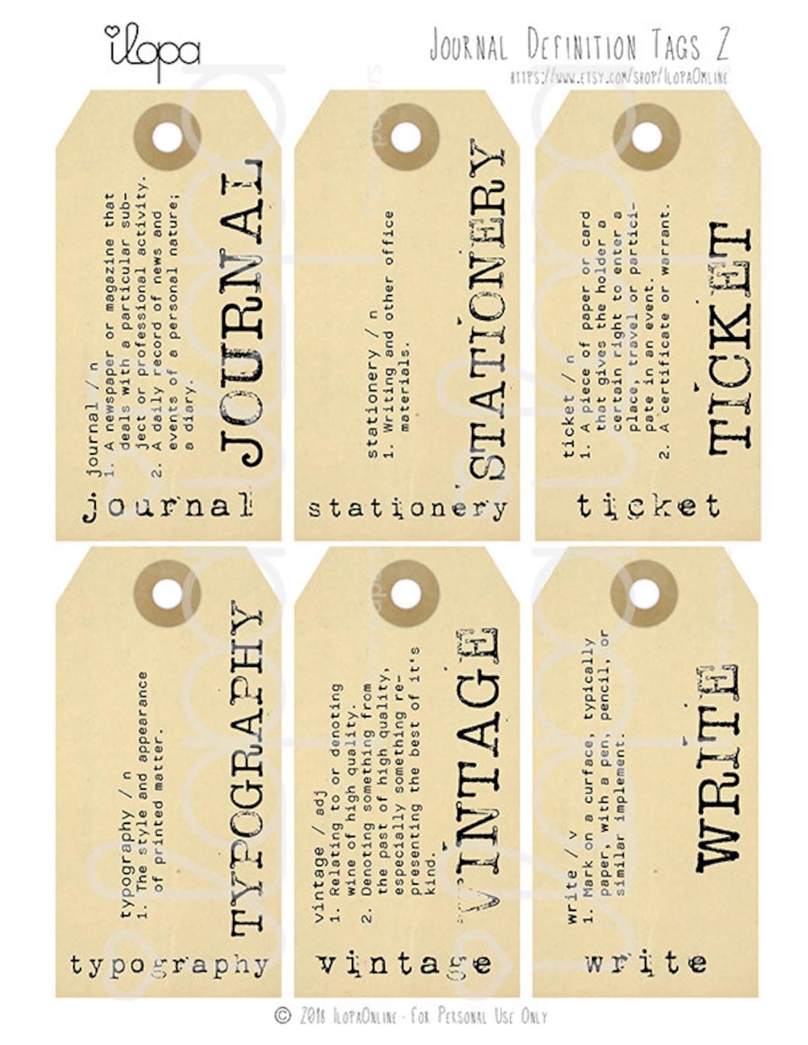Digital Vintage Journal Definition Tags, Vintage Ephemera, Printable ...
