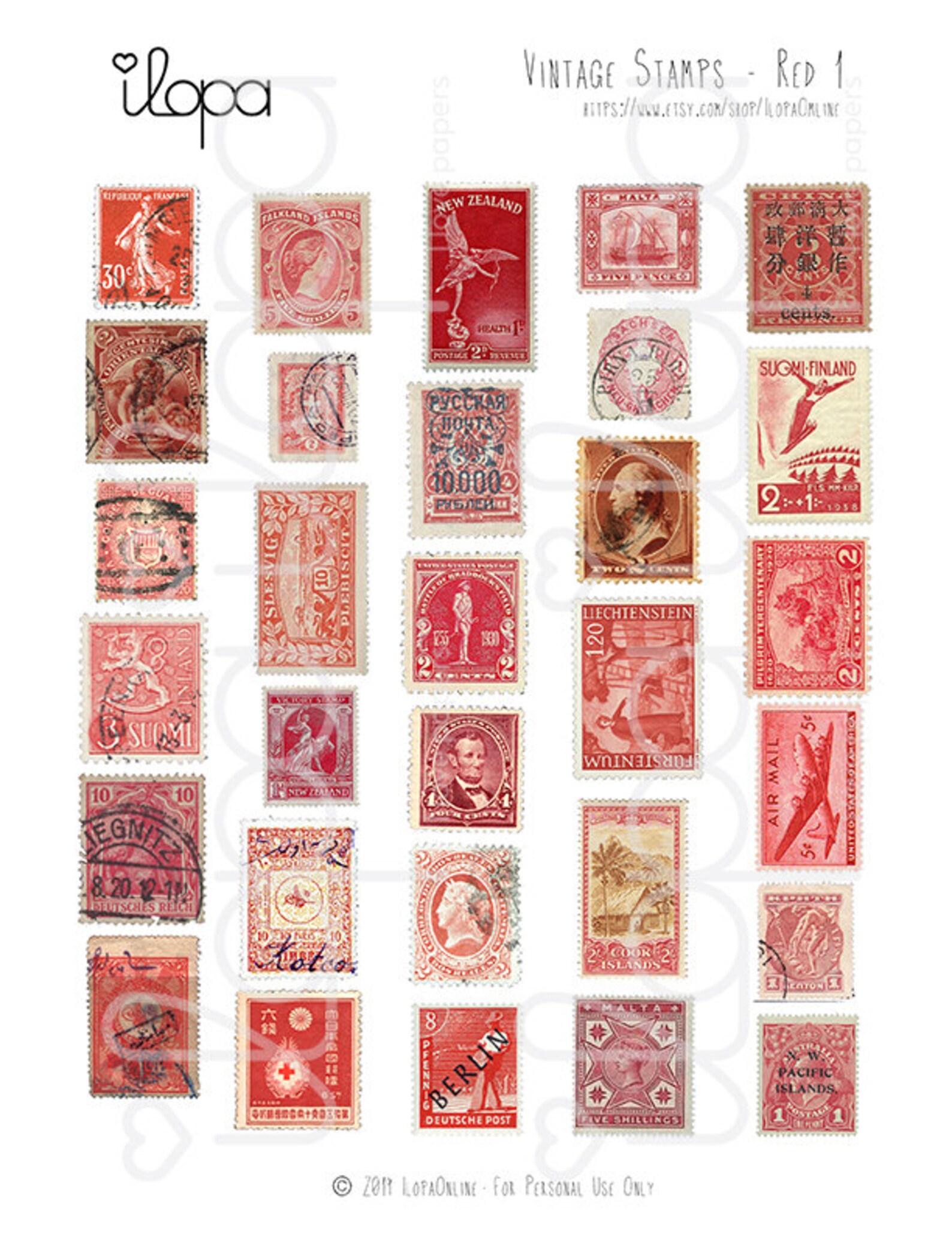 Digital Postage Stamps Vintage Red - Etsy