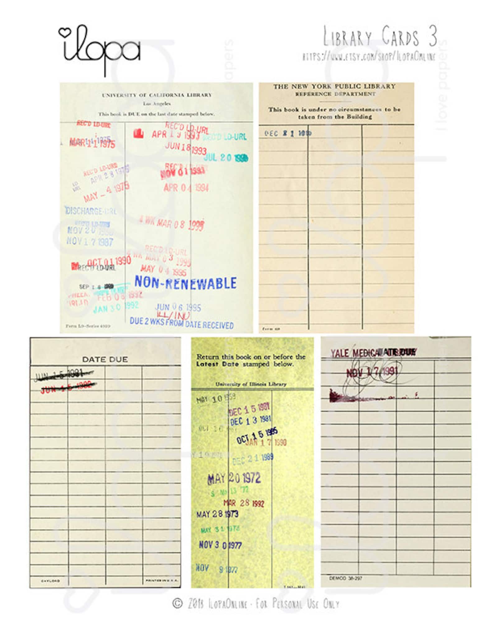 Digital Vintage Library Card Ephemera - Etsy