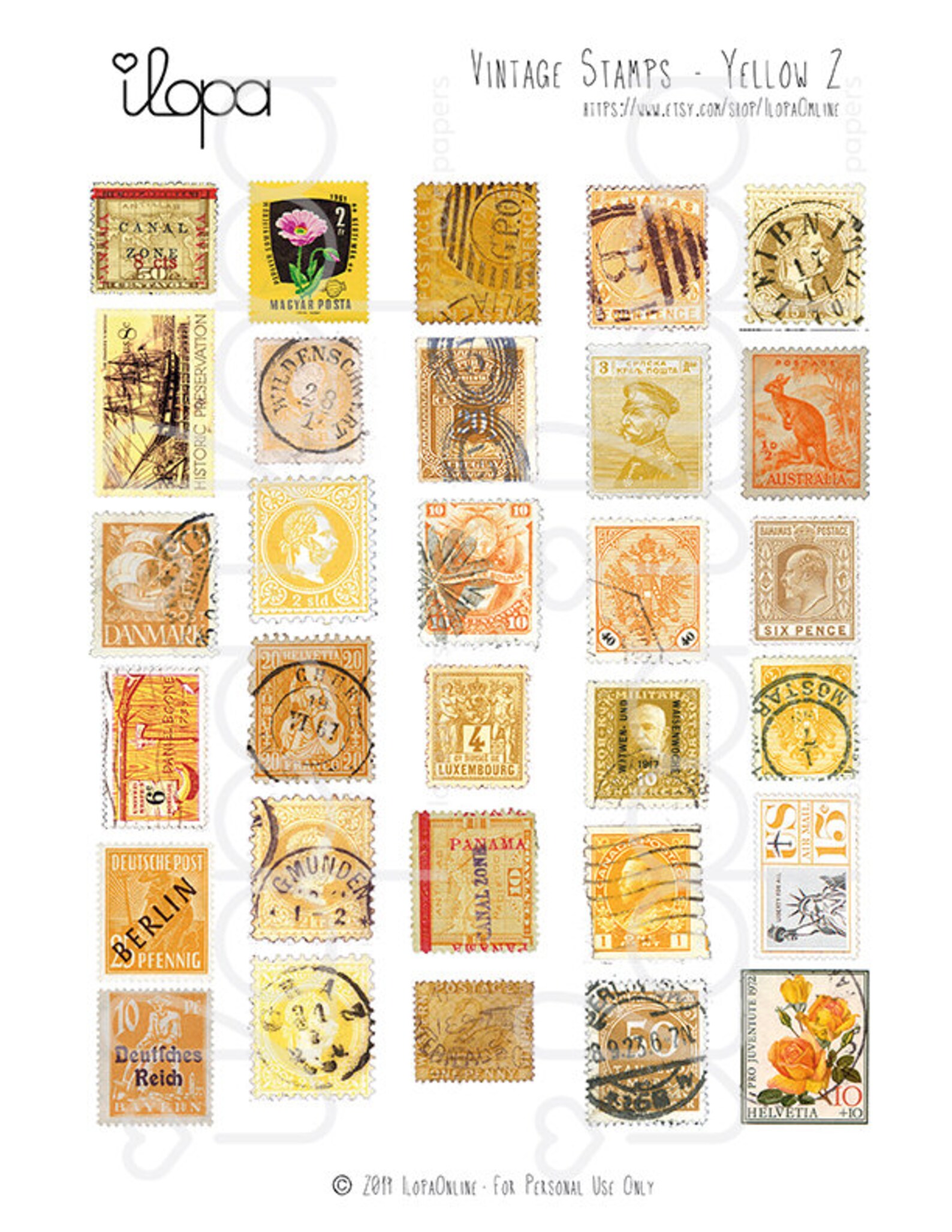 Digital Postage Stamps Vintage Yellow | Etsy