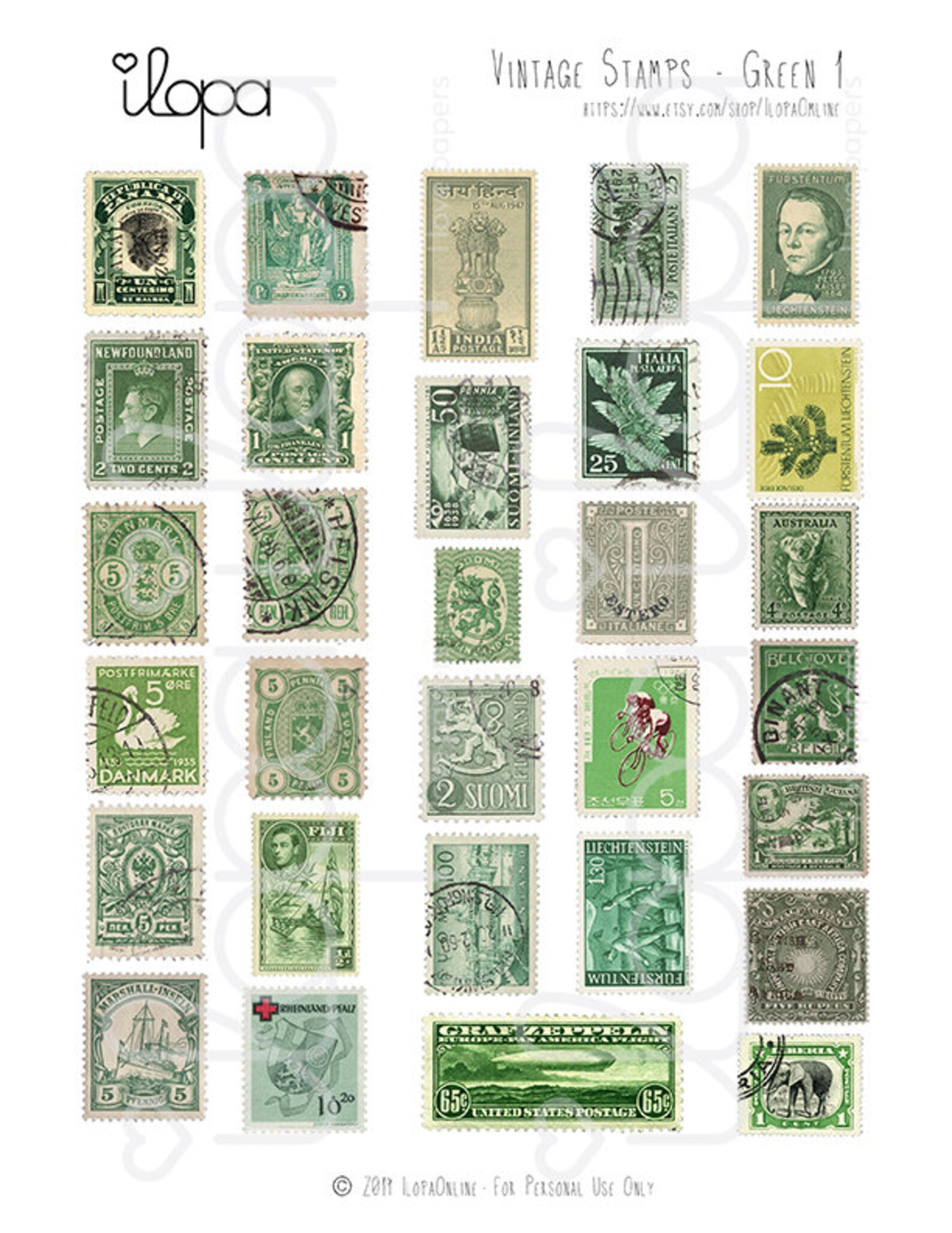 Digital Postage Stamps Vintage Green - Etsy