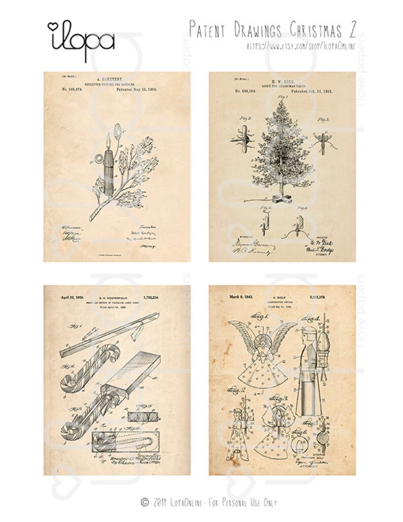 Digital Vintage Patent Drawing Christmas 8.5x11 Print Ephemera Collage ...