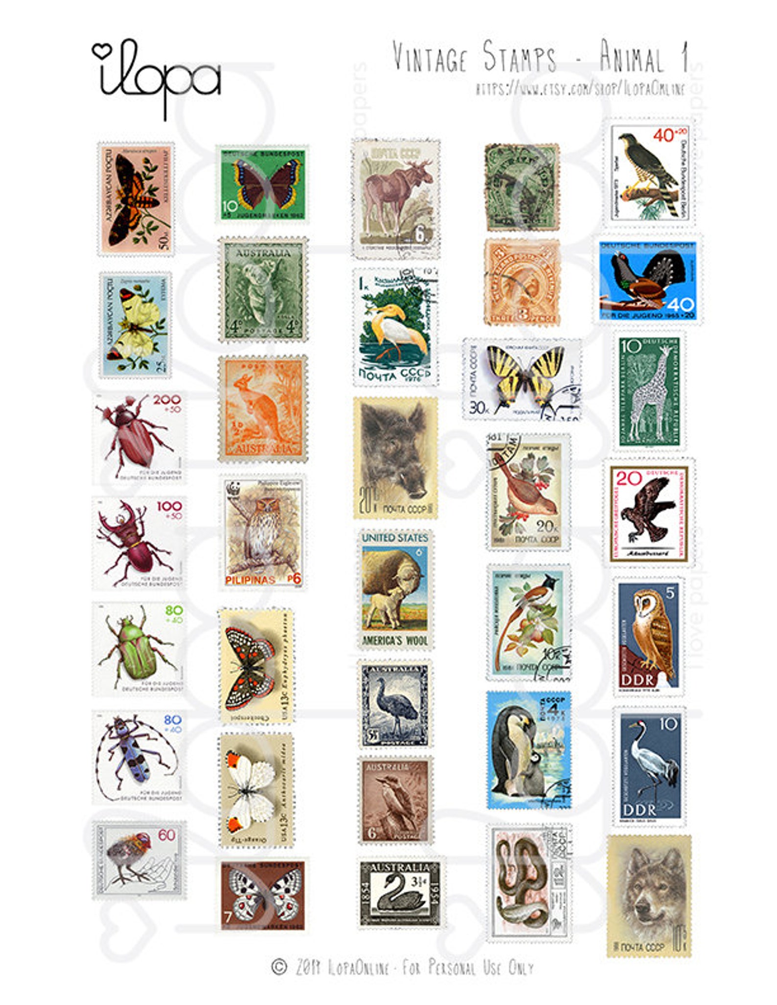 Digital Postage Stamps Vintage Animals - Etsy