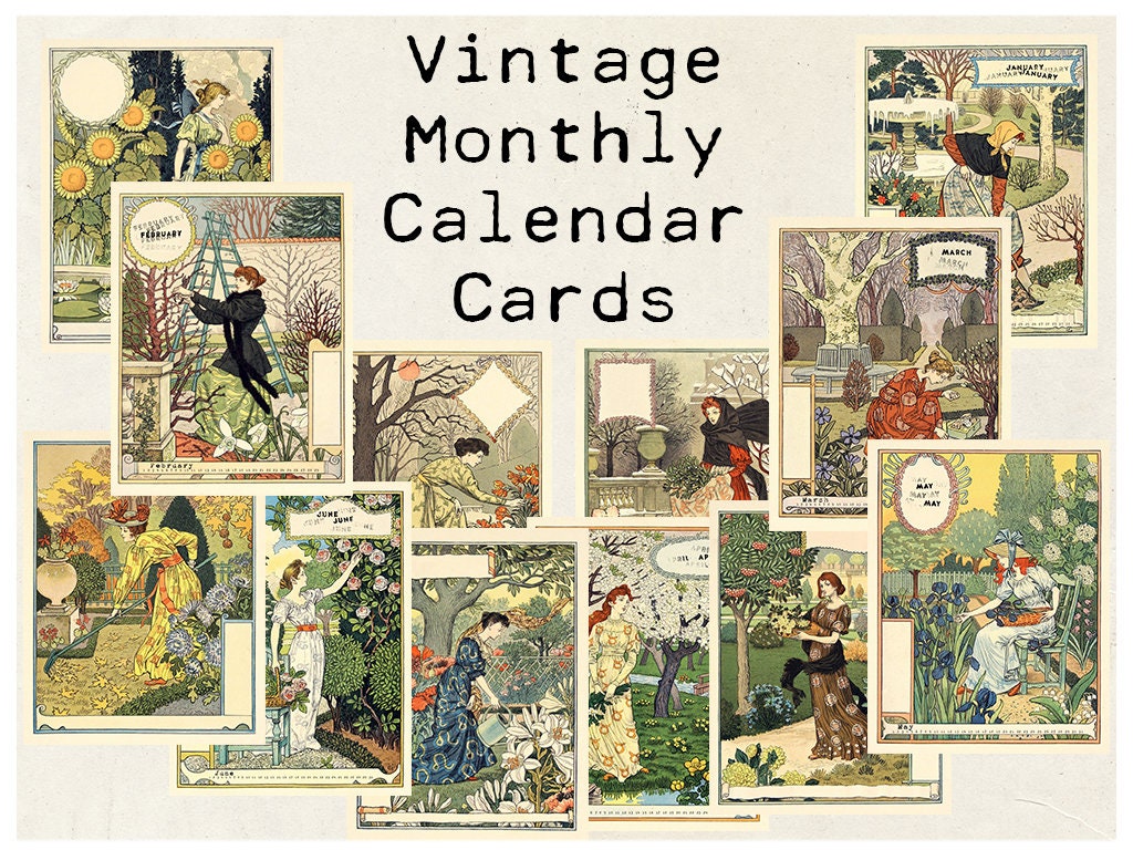 Digital Vintage Monthly Calendar Illustrations Collage Sheet Printable ...