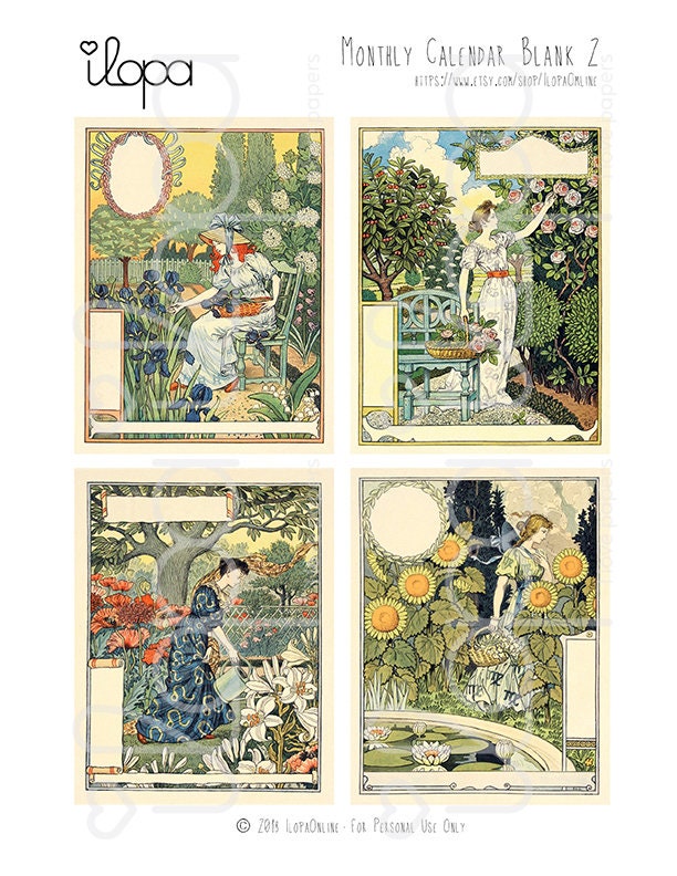 Digital Vintage Monthly Calendar Illustrations Collage Sheet | Etsy