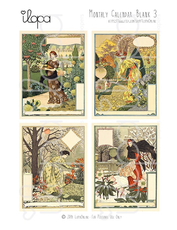 Digital Vintage Monthly Calendar Illustrations Collage Sheet | Etsy