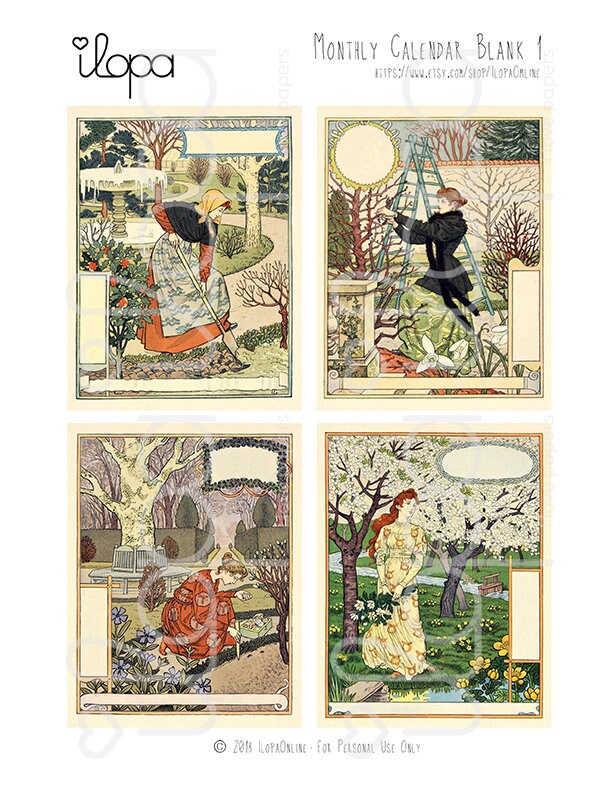 Digital Vintage Monthly Calendar Illustrations Collage Sheet | Etsy