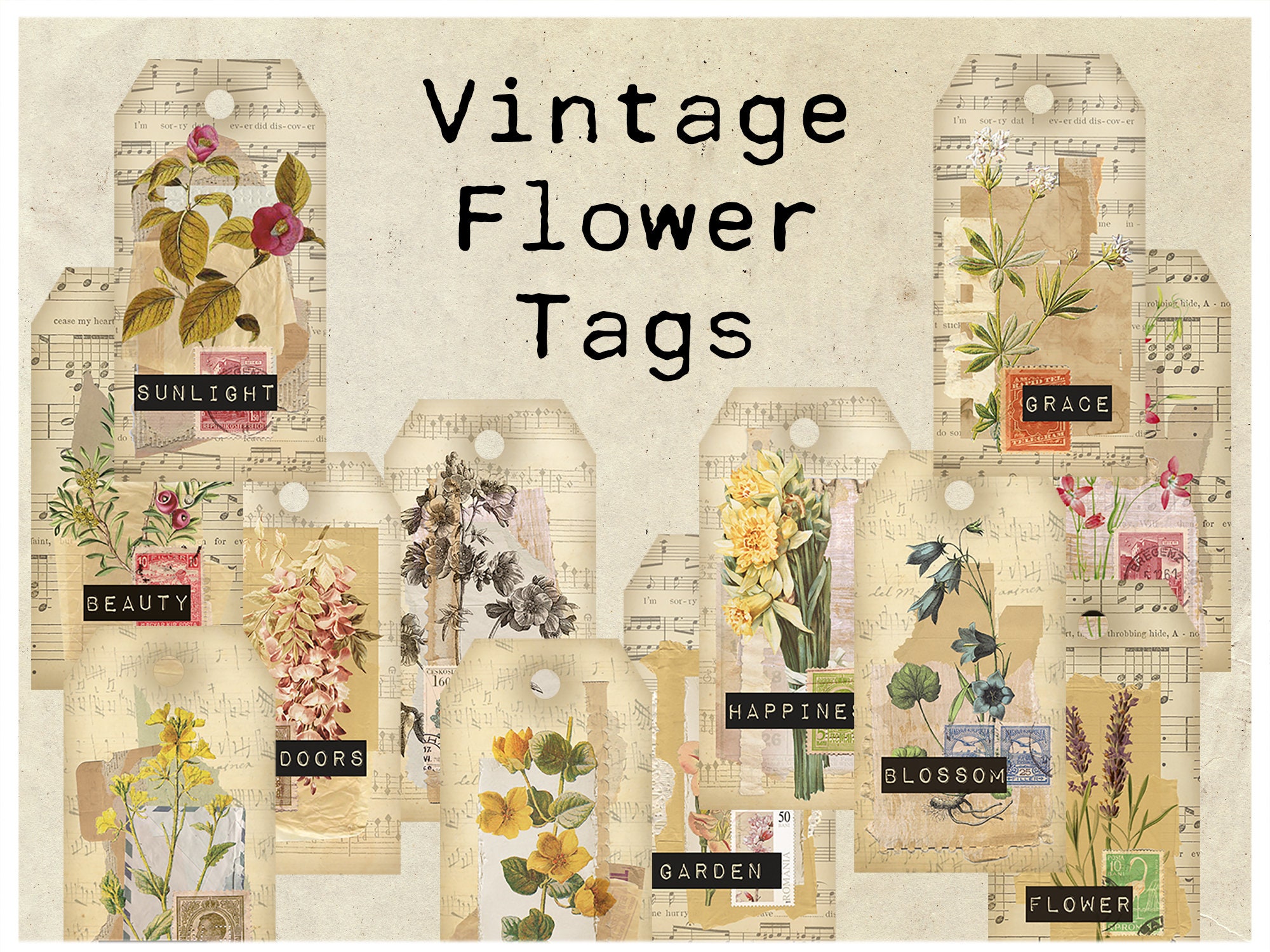 Digital Vintage Flower Tags, Vintage Ephemera, Printable Tags, Gift ...