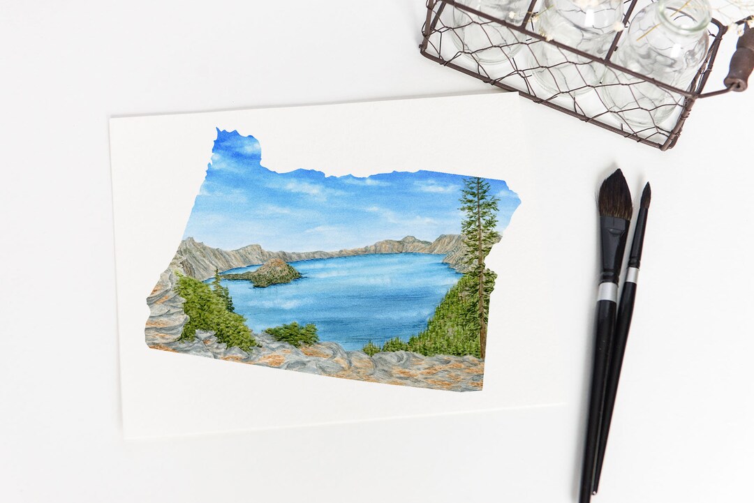Oregon Watercolor Painting, Crater Lake National Park, Oregon State Art ...