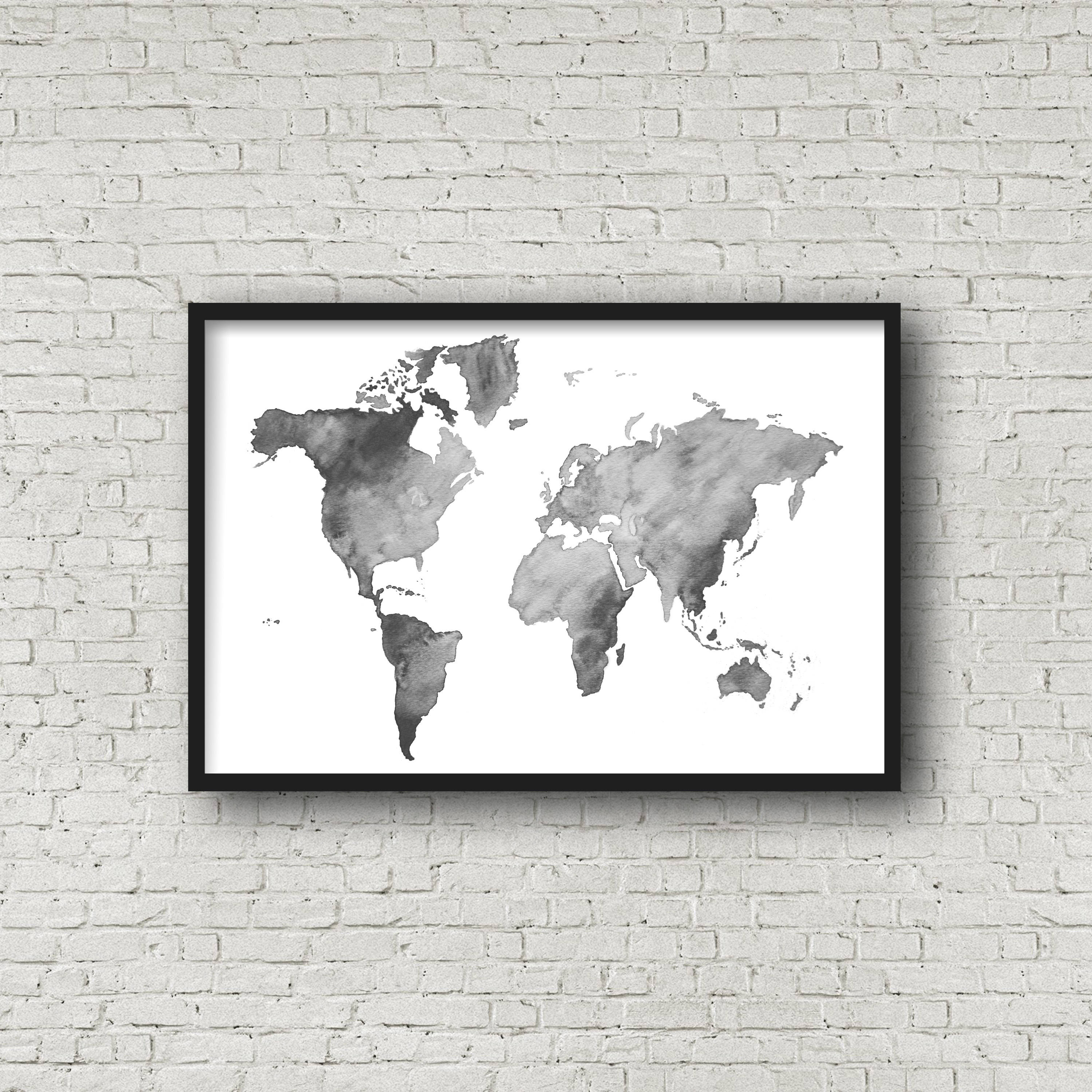 World Map Black and White Watercolor Painting Watercolor Map | Etsy