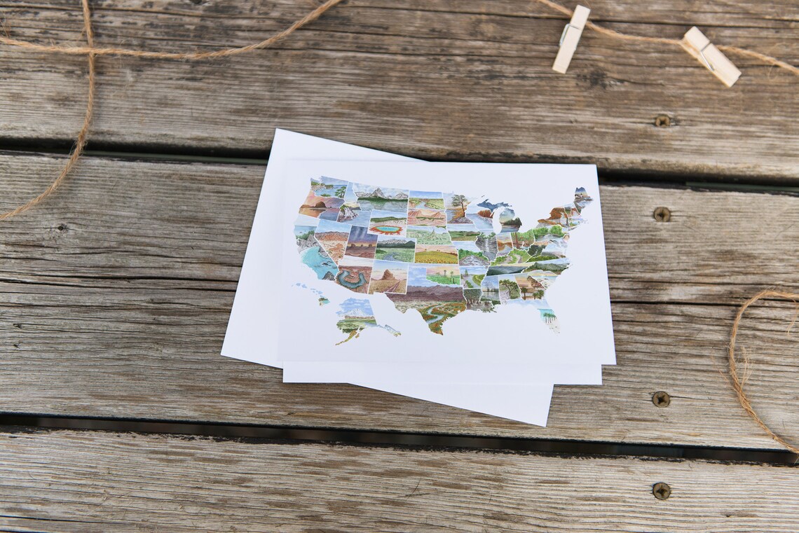 Watercolor Greeting Card, USA Card, Map Card, US Greeting Card, Unique ...