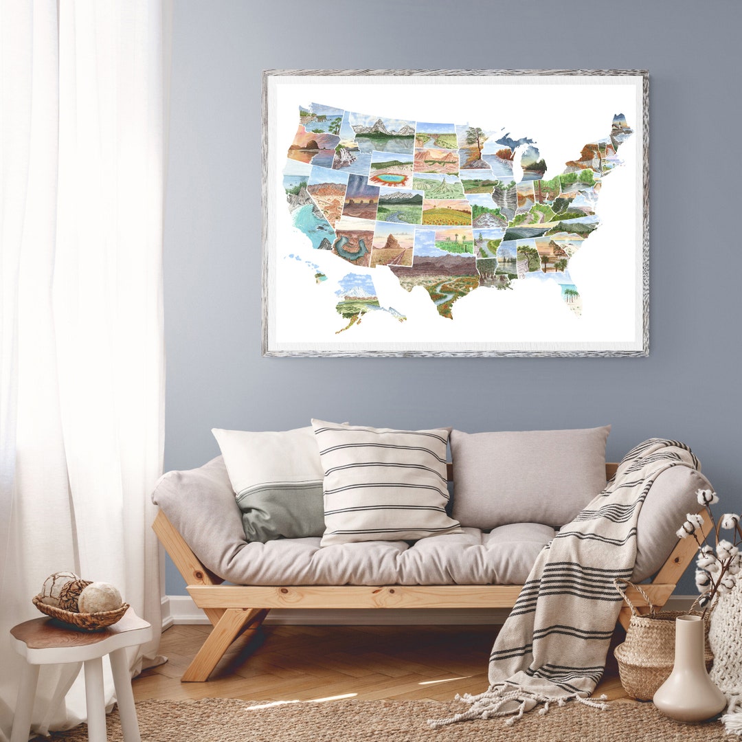 United States Map Painting, US Travel Tracker, USA Watercolor Map, 50 ...