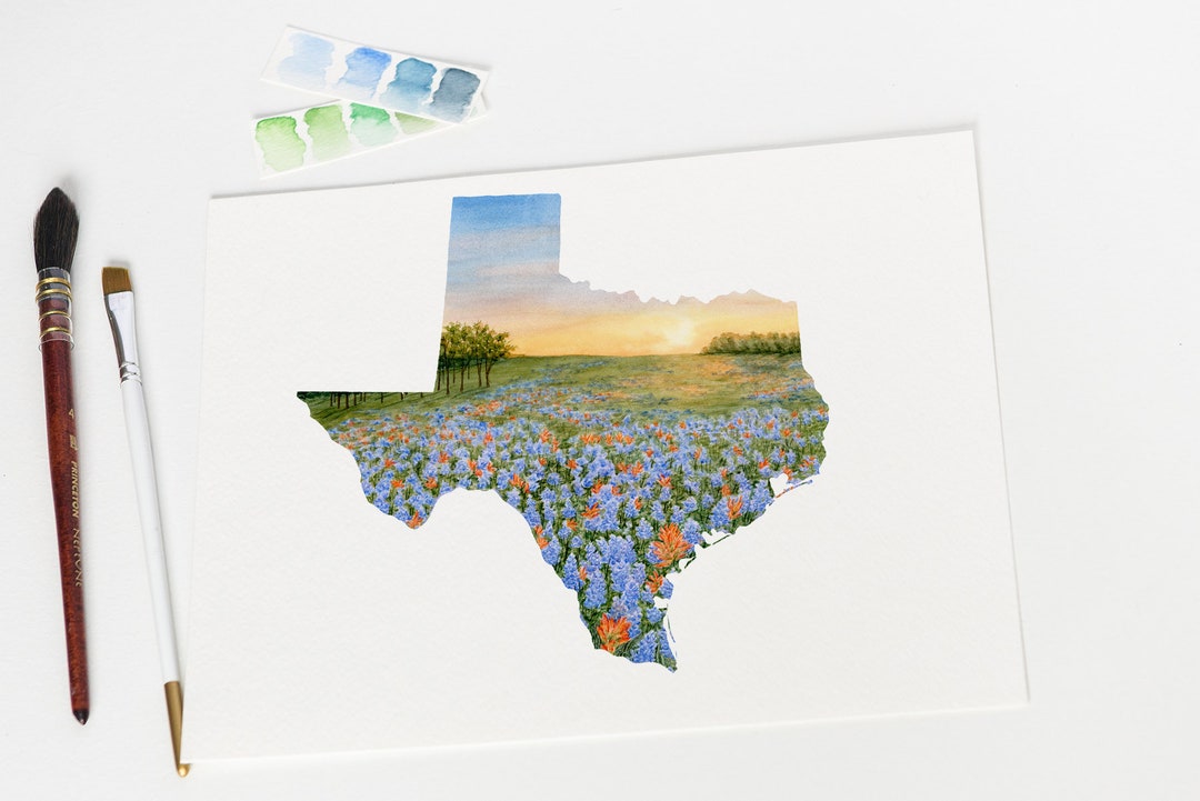 Texas Watercolor Print, Texas Blue Bonnets, State Art, Texas Painting ...