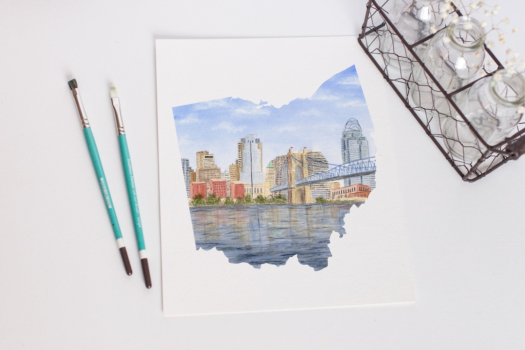 Ohio Watercolor Print, Cincinnati Print, Cincinnati Cityscape, Home ...