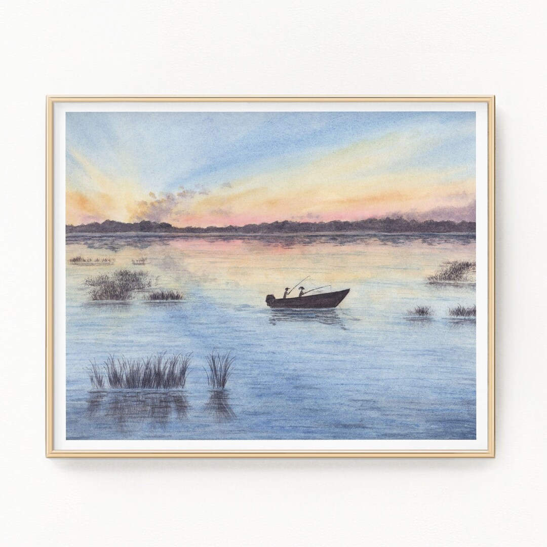 Fishing for Two" Watercolor Painting, Lake Art, Lake Home Print, Lake ...