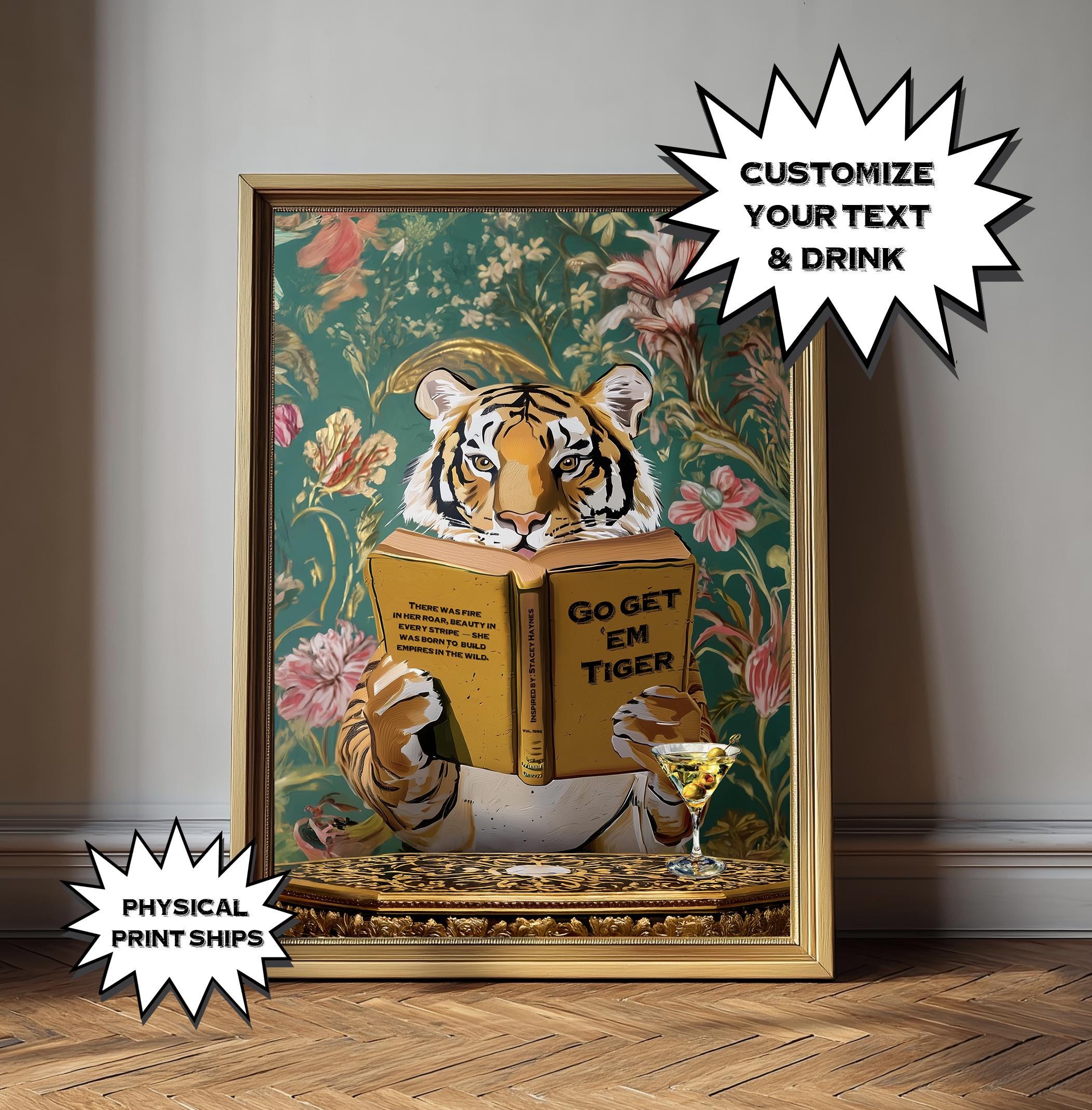 Funny Custom Tiger Reading Print, Motivational Go Get 'em Tiger Art ...