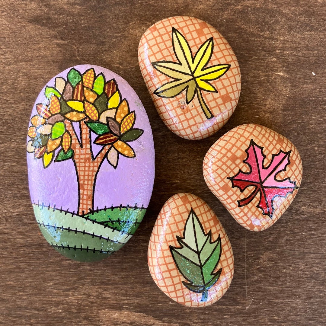 Fall Hand Painted Rocks Leaf Stone Art Autumn Garden Decor - Etsy