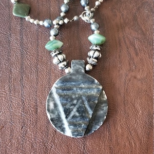 Soapstone Pendant and Beaded Necklace, Hand Beaded Necklace With Green ...