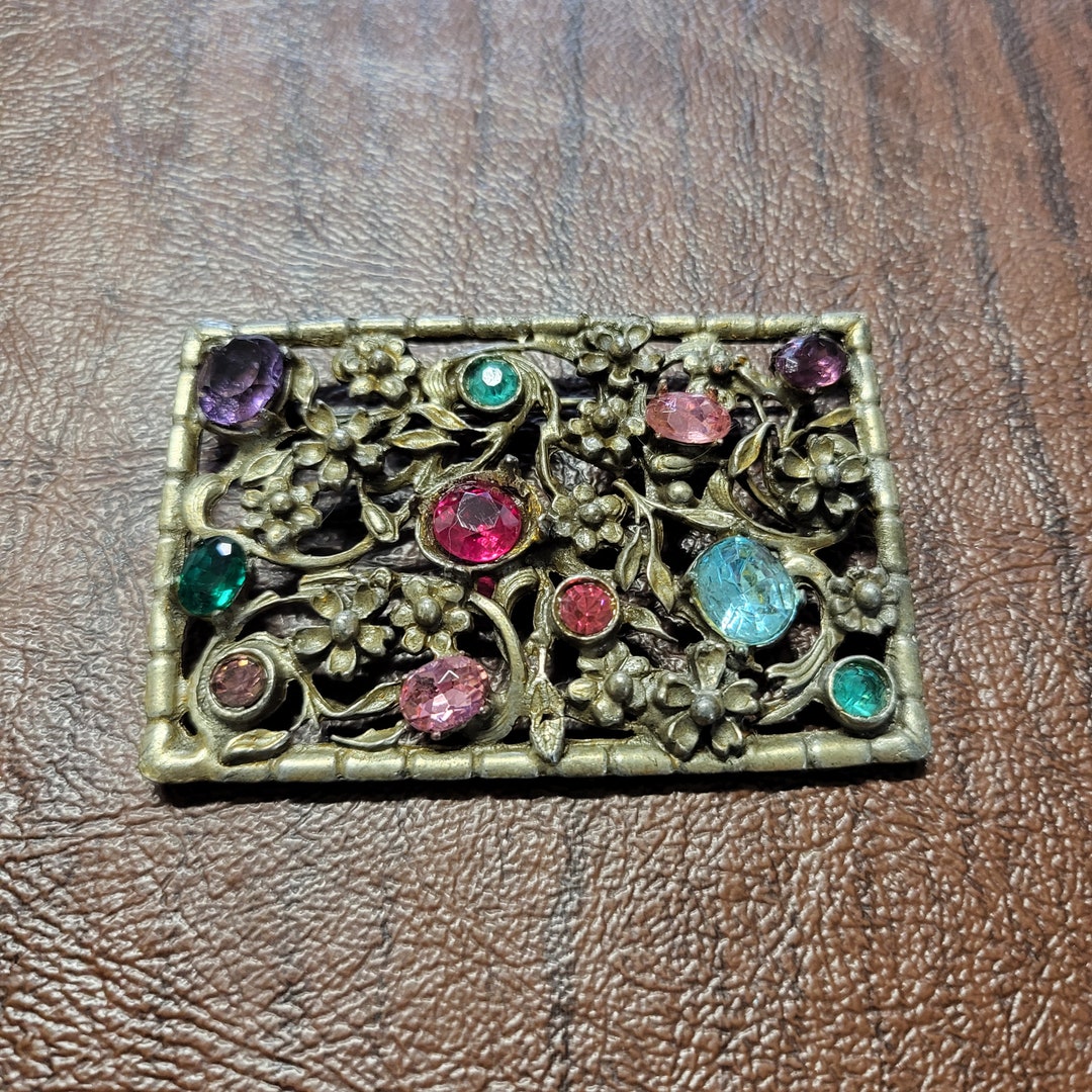 Vintage Glass Stone Flower Brooch, Dark Silver Colored Metal ...