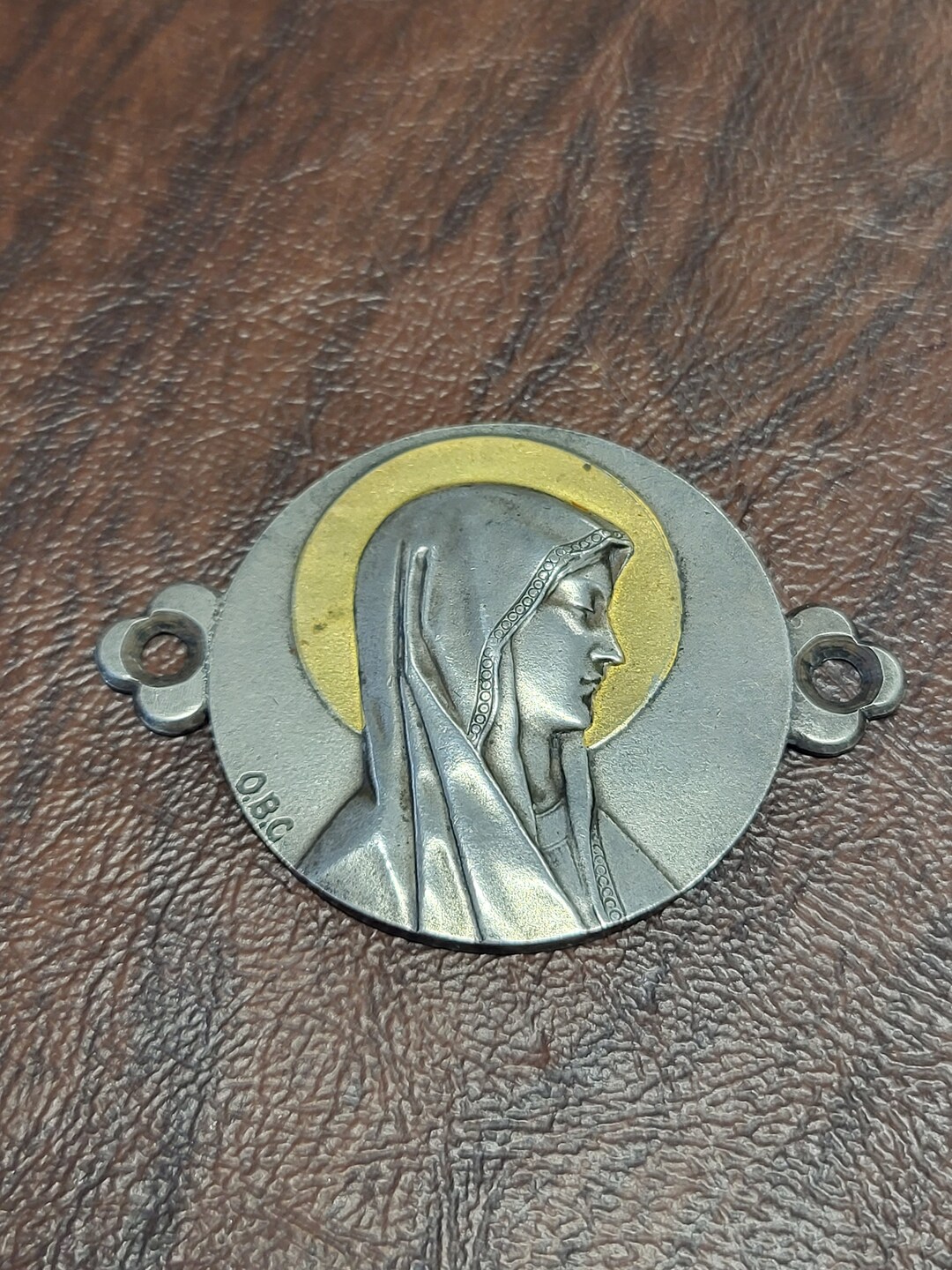 Amazing Virgin Mary Medallion Signed O.BC. Silver Plated Metal With ...