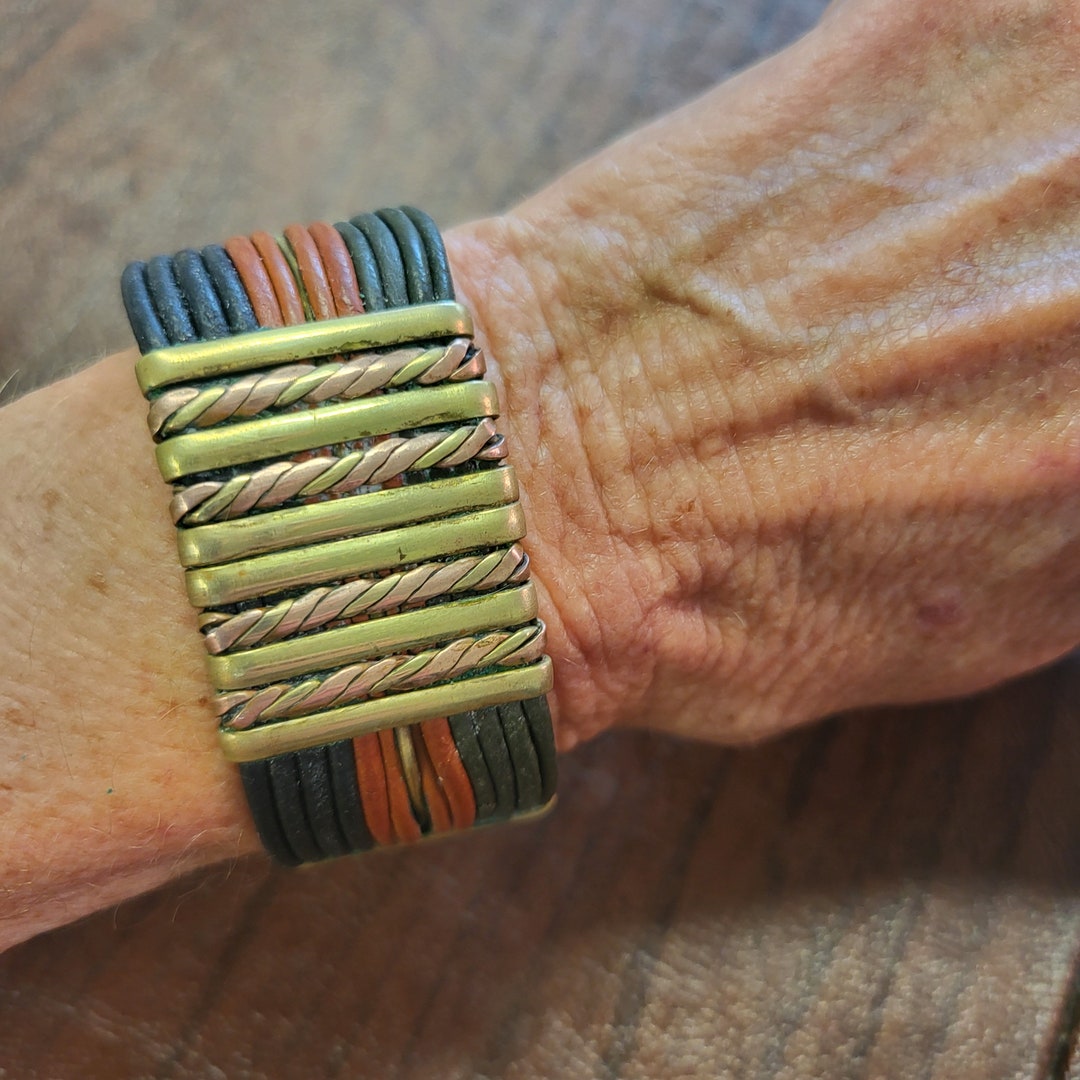Vintage Alexis Kirk Leather & Mixed Metal Bracelet, 1970's Tribal Style ...