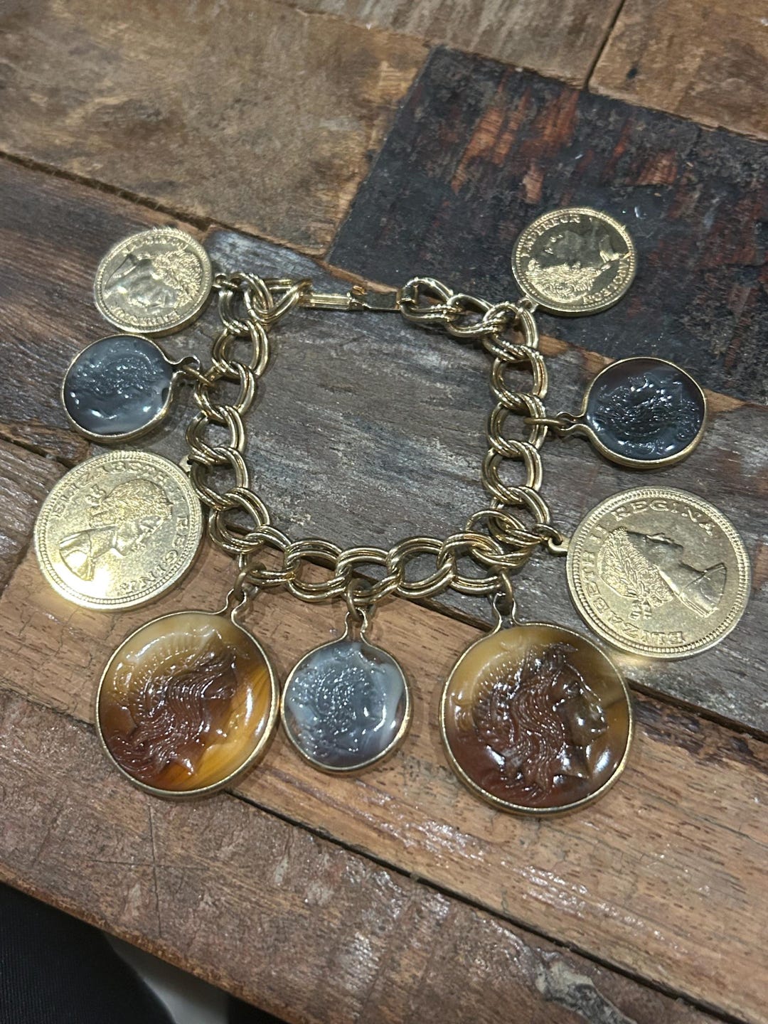 Fabulous Vintage 7 Inch Gold Tone Charm Bracelet With Replica Coins and ...