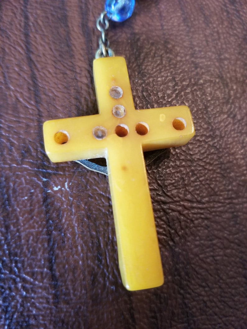 Vintage Glass Bead Rosary With Bakelite Stanhope Crucifix, Blue Glass ...