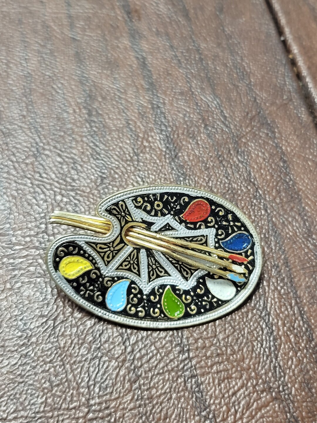 Colorful Enamel and Damascene Artist Painters Palette Brooch, Vintage ...