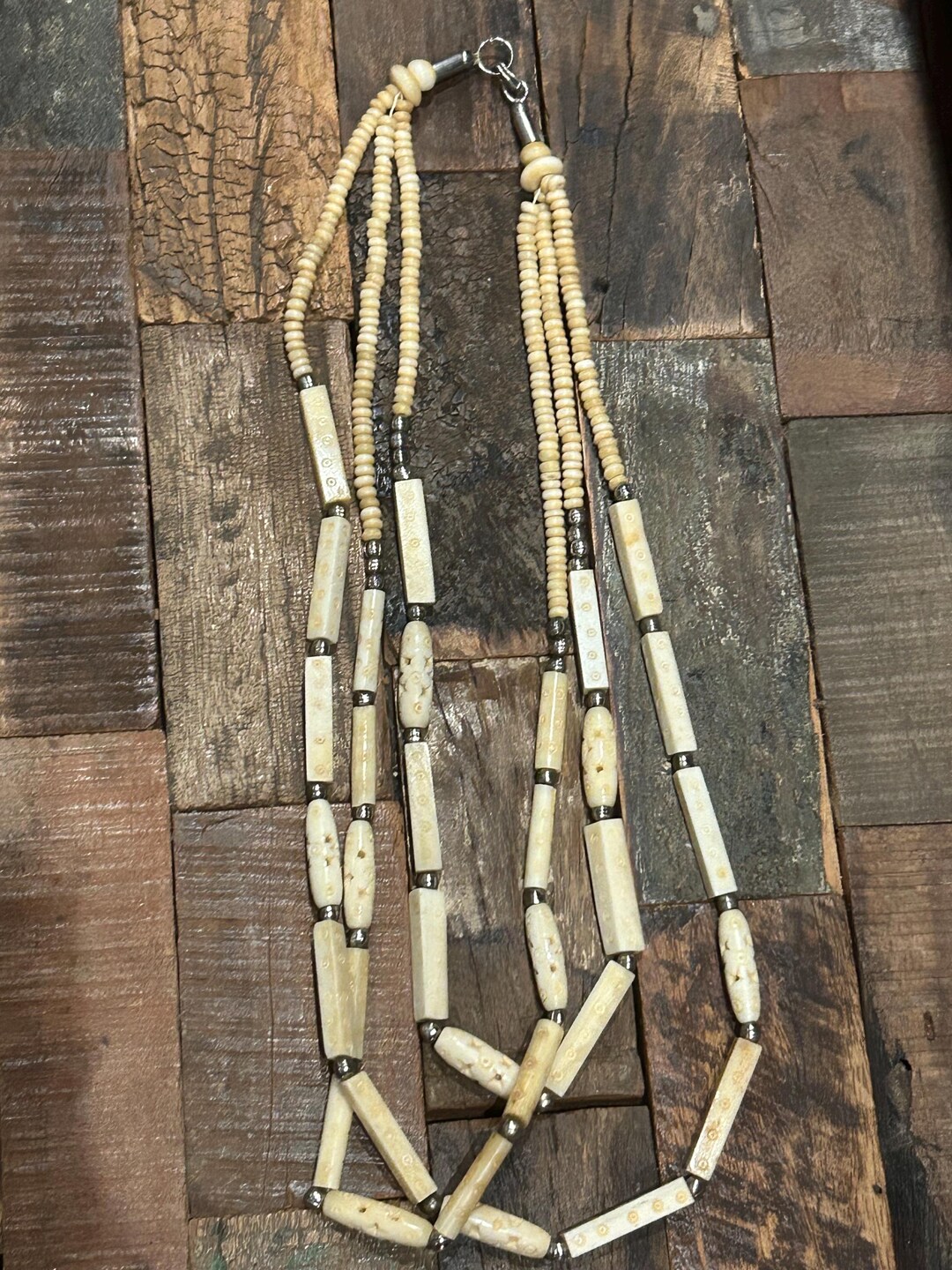 Vintage 24 Inch Carved Celluloid? Bead and Silver Tone Necklace - Etsy