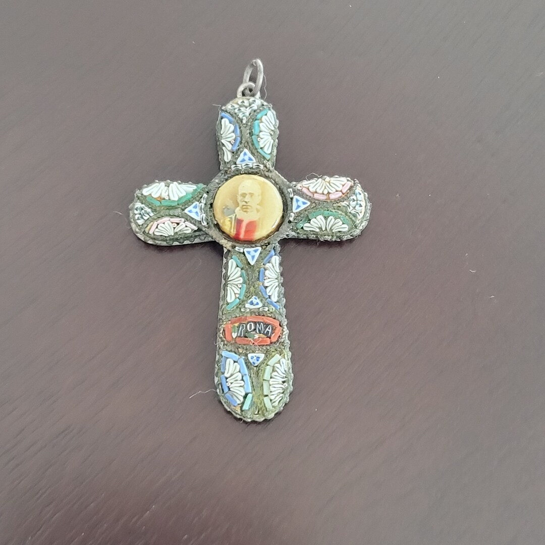 Vintage Italian Micro-mosaic Cross Pendant, Inlaid "roma" Pope Pius XII ...