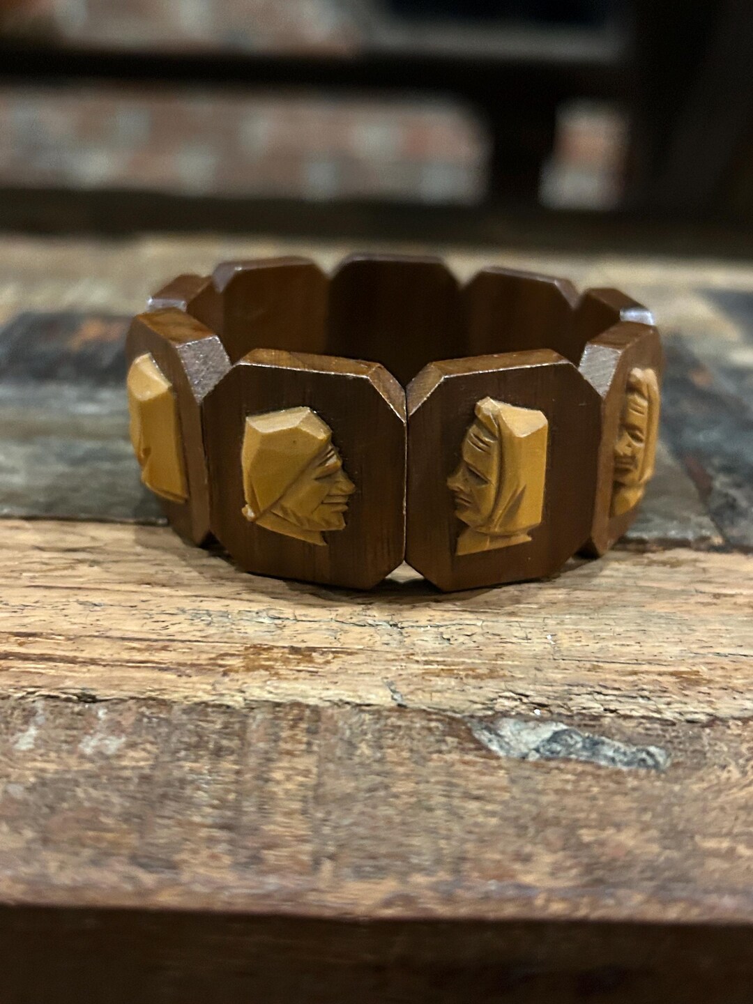 Vintage Carved Wood Folk Art Panel Elastic Bracelet, Possibly Featuring ...
