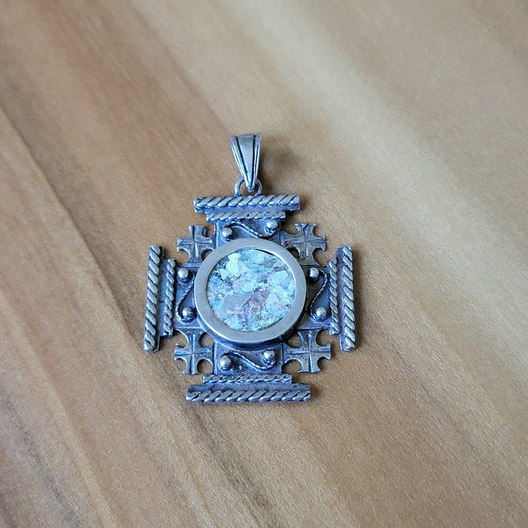 Vintage Sterling Silver Jerusalem Cross Pendant With Roman Glass Center ...
