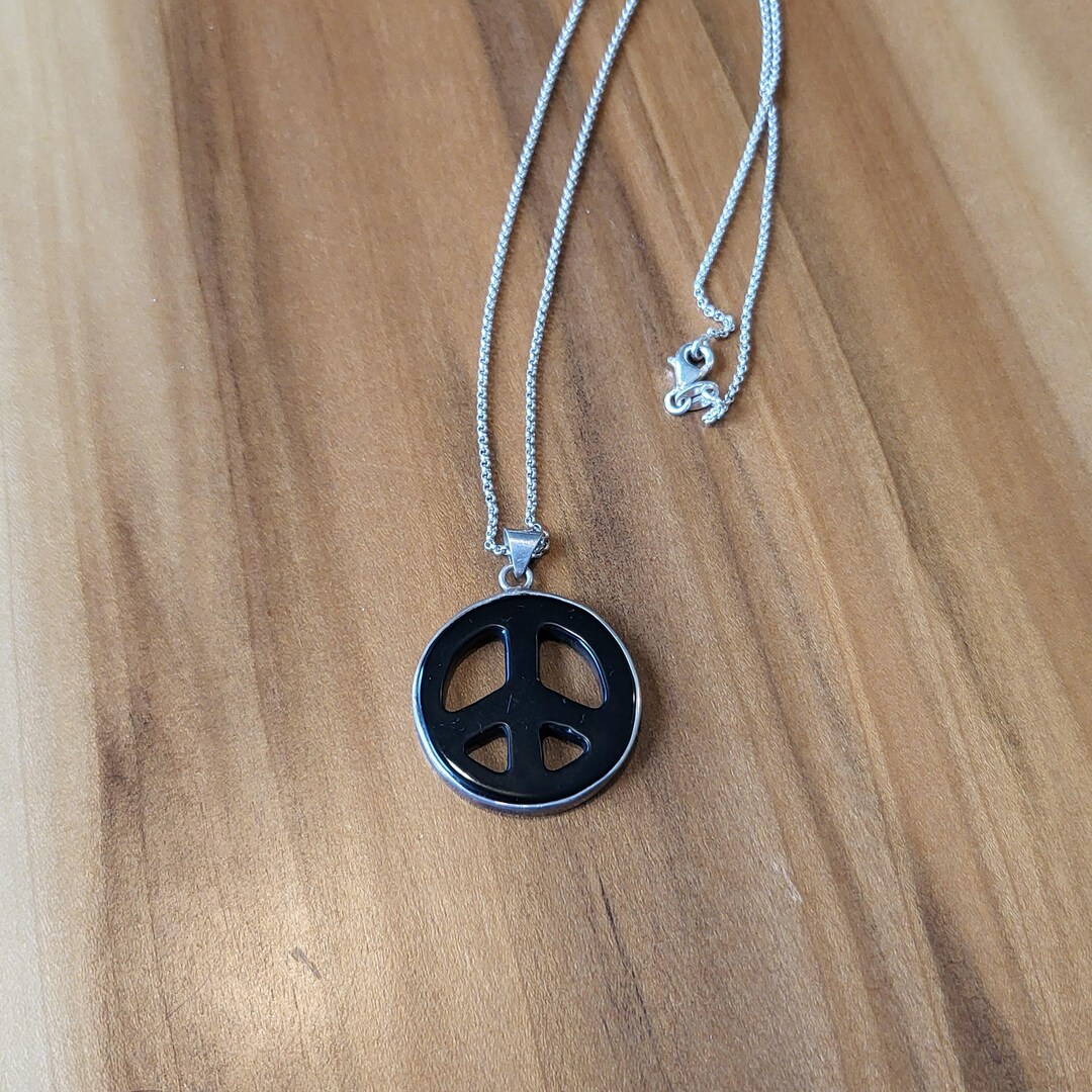 Vintage Sterling Silver Peace Sign Necklace, Carved Black Stone? Lucite ...