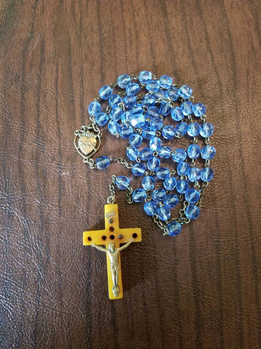 Vintage Glass Bead Rosary With Bakelite Stanhope Crucifix, Blue Glass ...