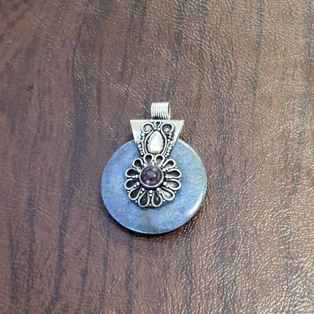 Vintage Sterling Silver and Denim Lapis Pendant With Garnet? Stone ...
