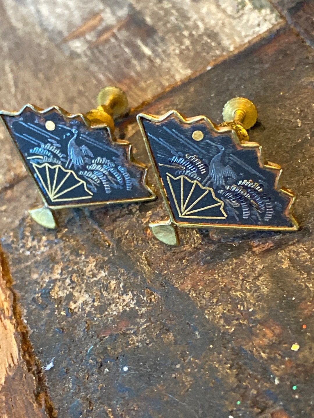 Vintage Amita Japan 24K Gold Inlay Damascene Fan Shaped Screw Back ...