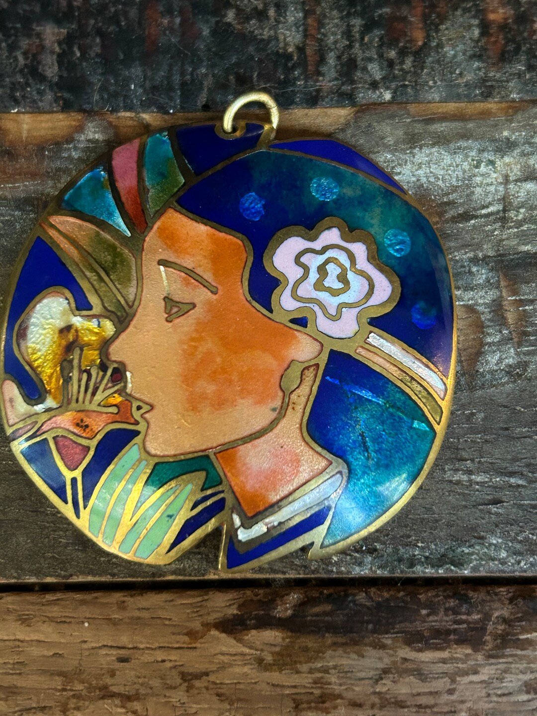 Gorgeous David Kuo Champleve Brightly Colored Enamel Pendant, Girl With ...