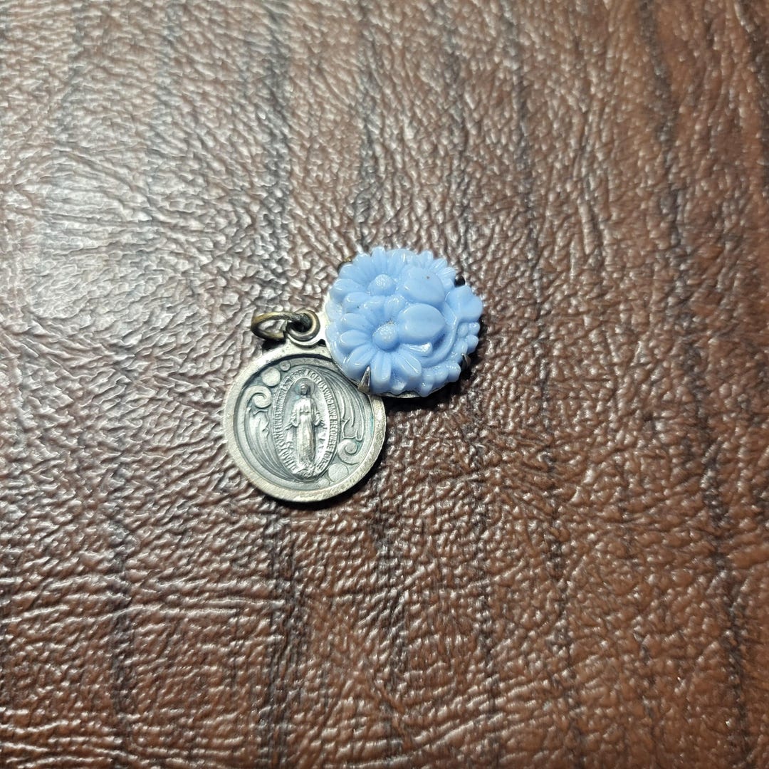 Vintage Religious Slide Medal, Silver-plated Metal and Blue Molded ...