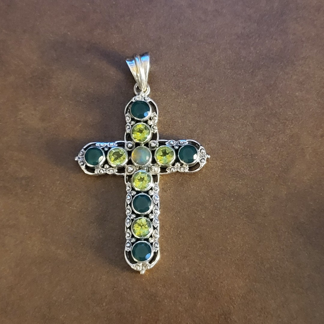 Vintage Nicky Butler Sterling Silver and Green Stone Cross Pendant ...