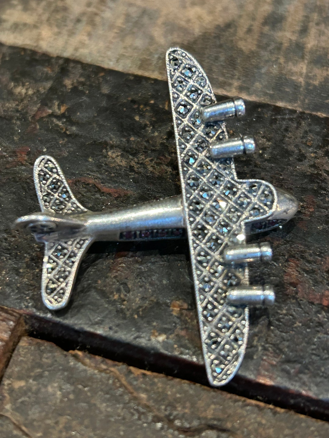 925 Sterling, Marcasite and Colored Stone Airplane Pin/brooch, Jet ...