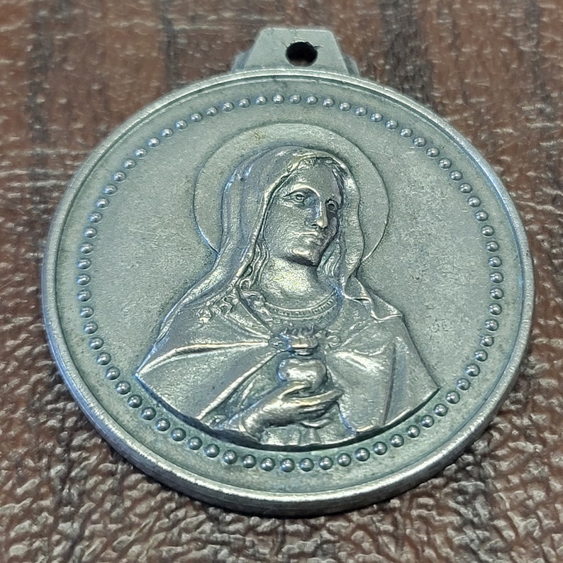 Vintage Virgin Mary Medal, Immaculate Heart of Mary, Silver-plated ...