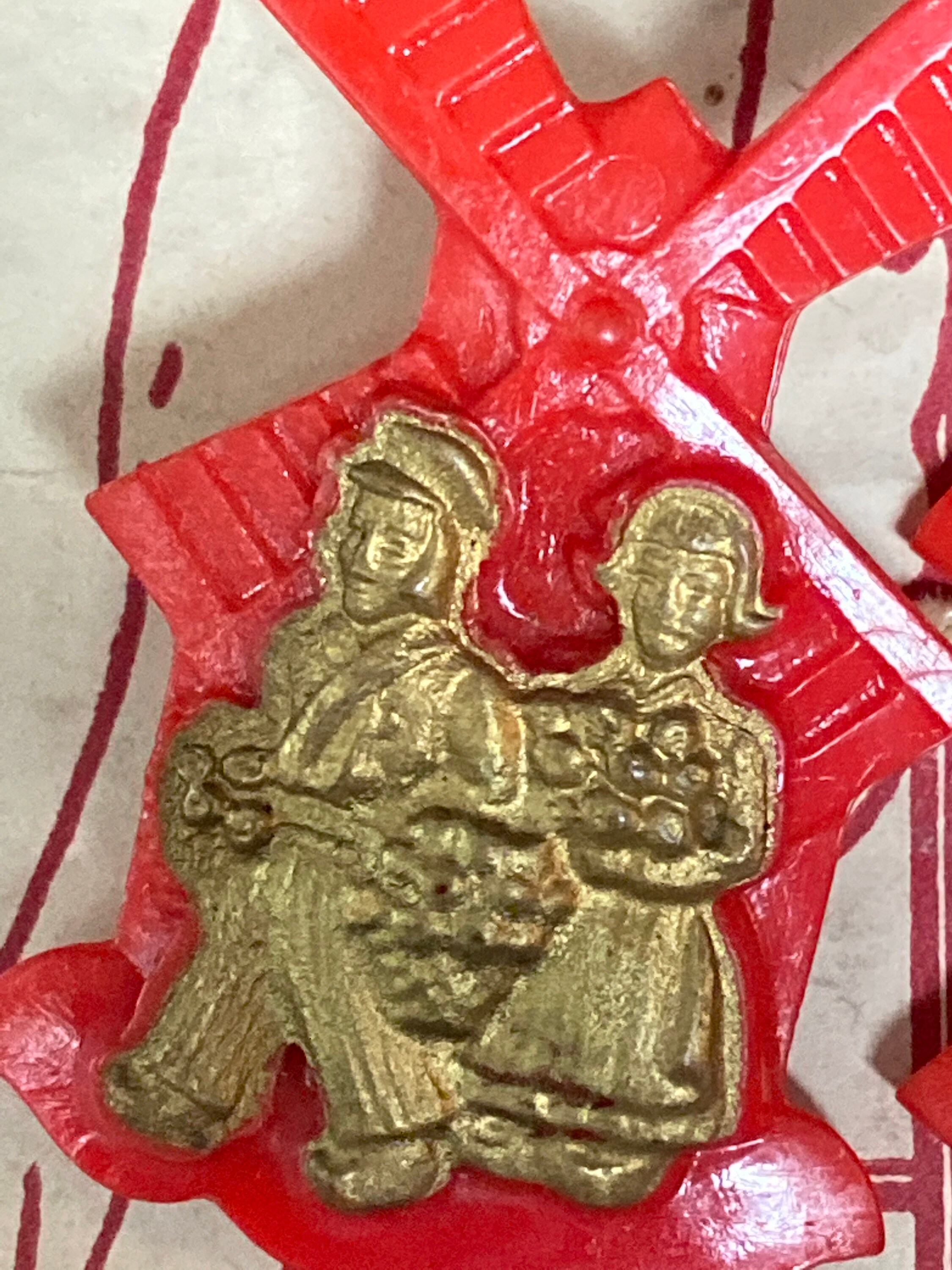 Vintage Red and Gold Dutch Windmill Curtain Tie Back Holders and Shade ...