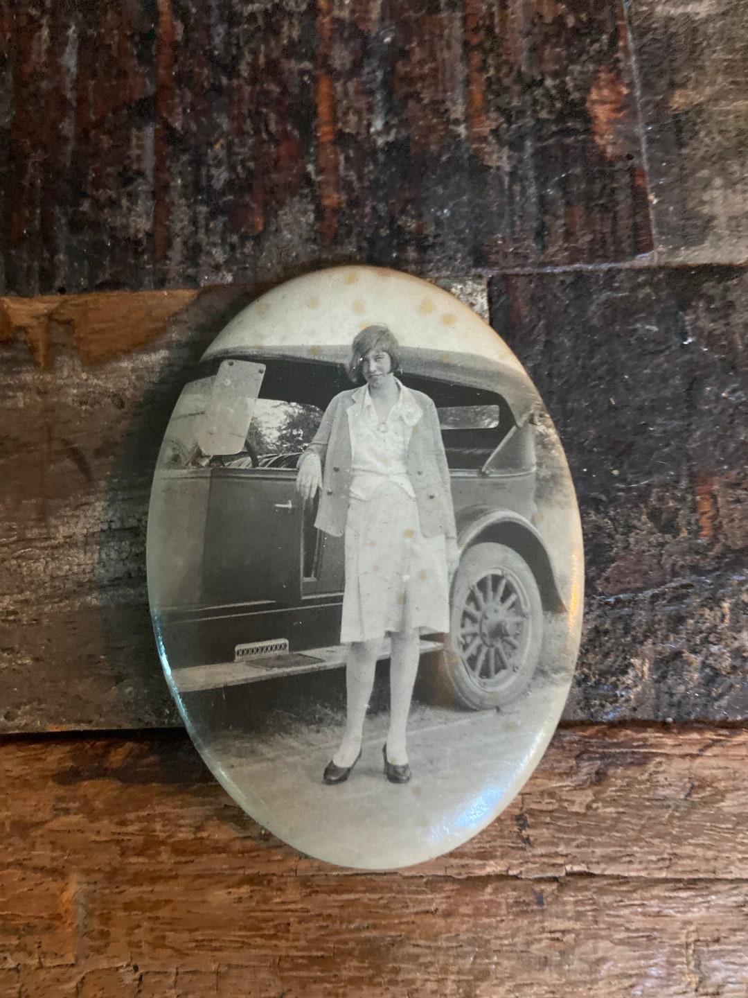 Antique Oval Celluloid Pocket Mirror With a Photo of a Young Woman ...